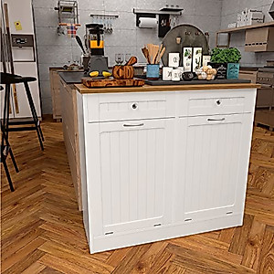 Double Kitchen Trash Cabinet, Dual Tilt Out Trash Cabinet with Two Wood Hideaway Trash Holder Drawers, Free Standing Wooden Kitchen Trash Can Recycling Cabinet Trash Can Holder