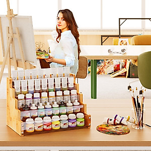 LUMAMU Paint Organizer, 5 Tiers Craft Paint Storage Organizer, Bamboo Paint Holder Organizer for 2oz Paint Tube and Bottles, Paint Storage Rack for Miniature Paints