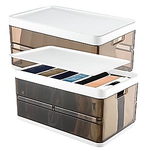CINPIUK Stackable Storage Bins with Lids, Clear Drawer Organizers for Clothing, Collapsible Storage Bins Closet Drawers for Clothes, Toys, w/ Removable Grids, 3Pcs