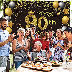Crenics Happy 90th Birthday Backdrop Banner, Extra Large 90th Birthday Photo Background Banner, Gold Black 90th Birthday Decorations Party Supplies Banner for Women Men, 5.9 x 3.6 ft