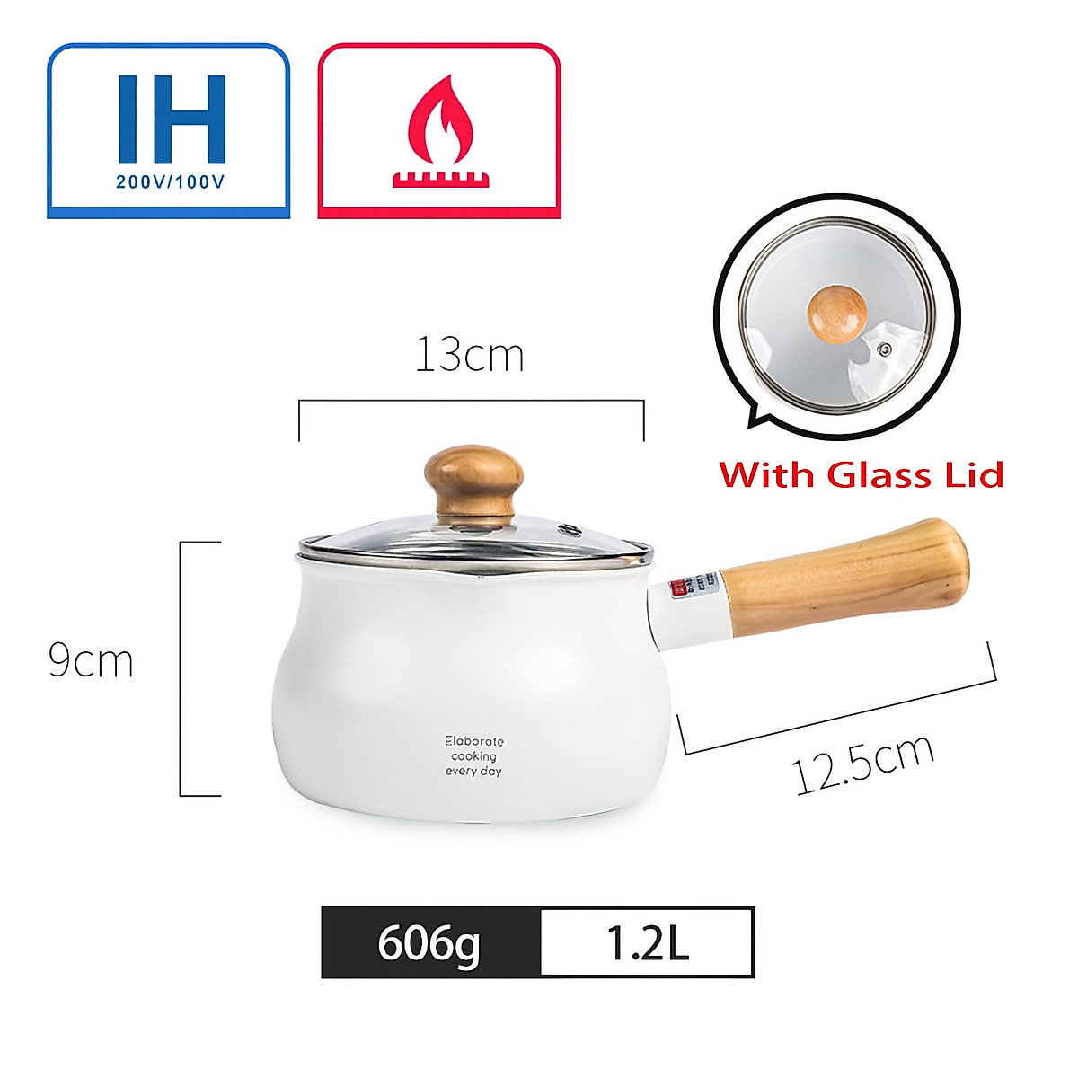 Japanese-style small milk pot non-stick coating hot milk small soup pot, 1.2L, 5 cups, imitation enamel pot (White)