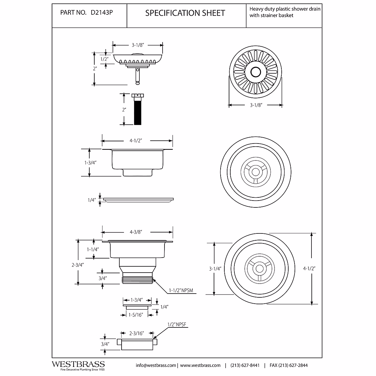 Westbrass D2143P-12 4-3/8" Push-Pull Style Large Kitchen Sink Basket Strainer, Oil Rubbed Bronze