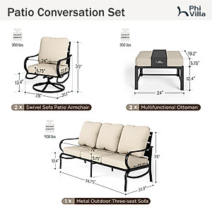 PHI VILLA 5 PCS Patio Furniture Sets with 1 x 3 Seater 5.75" Cushioned Deep Seating Bench, 2 x Swivel Sofa Chairs & 2 x Metal Cushioned Ottoman, Outdoor Furniture Deluxe Patio Set for Garden