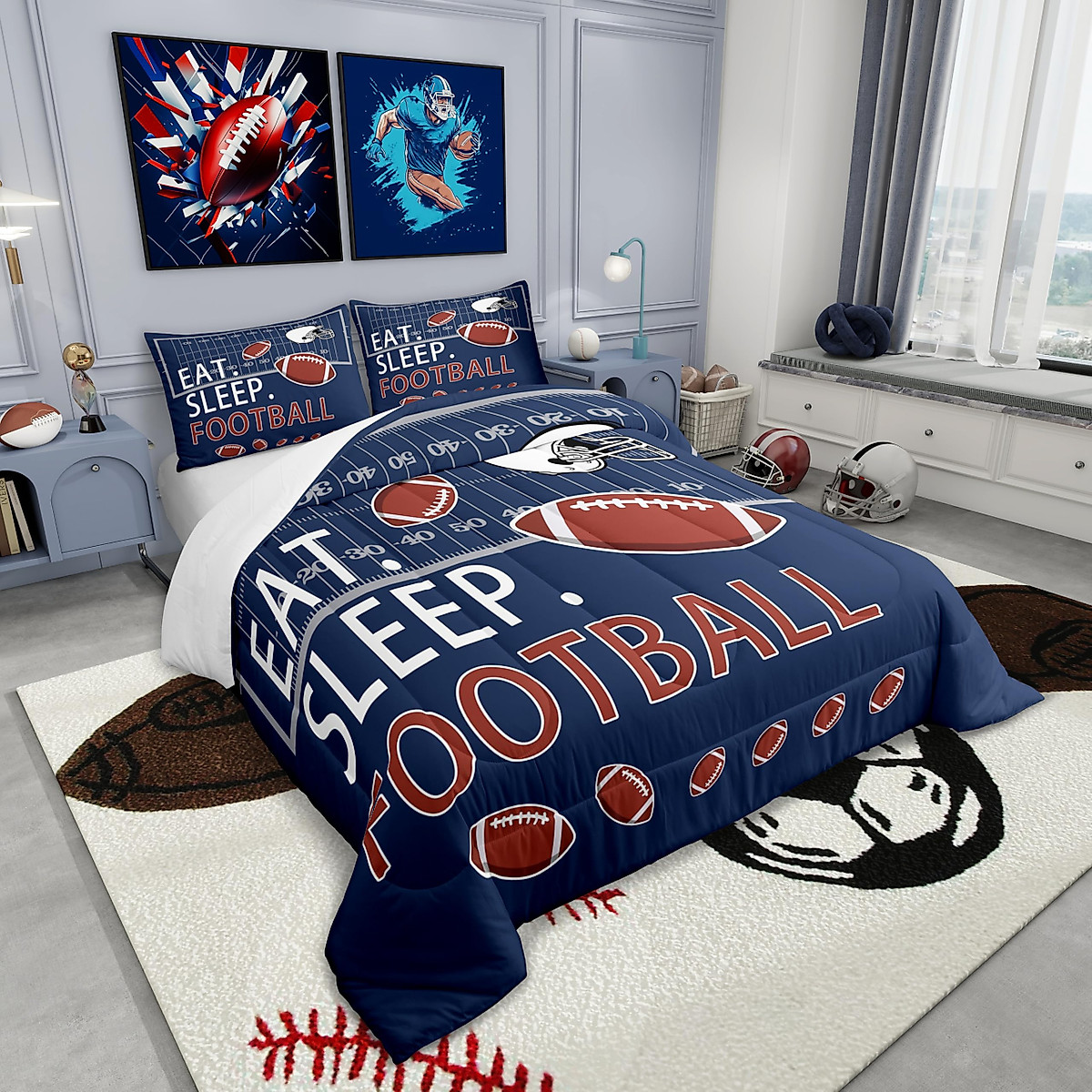 Feelyou Rugby Comforter Set Twin Size Football Field Coverlet Set for Kids Boys Girls Decor Ball Games Comforter Microfiber Navy Blue Quilt Set Bedroom Bedclothes