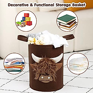 Eunikroko Highland Cow Felt Basket Brown Scottish Cattle Storage Bin Long Hair Farm Animal Laundry Organizer Decorative Portable Hamper Farmhouse Style Toys Holder with Handles Gift for Mom