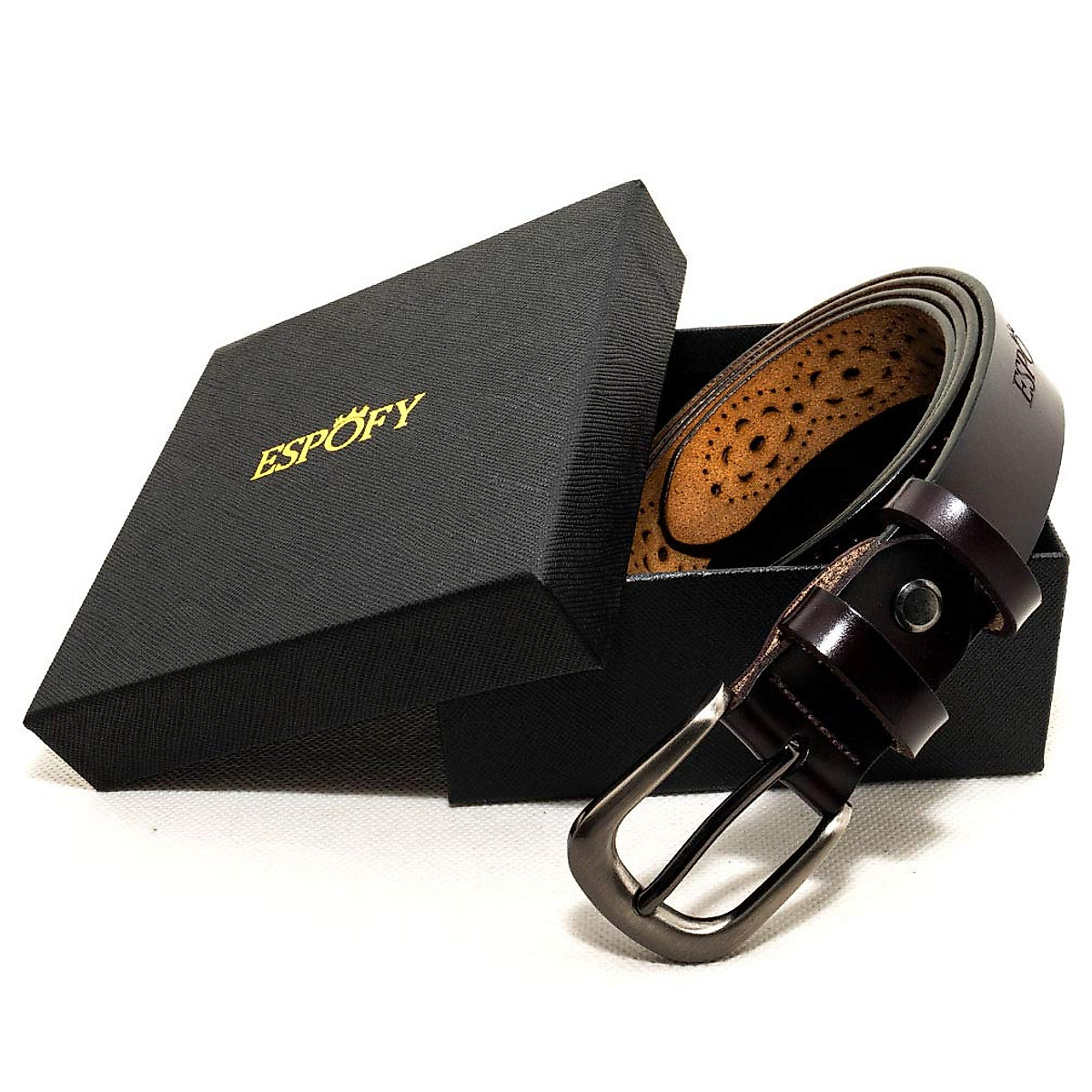 ESPOFY Women's Belt Hollow Flower Genuine Leather Belt for Jeans Pants with Alloy Buckle Brown 45 inch (115cm)