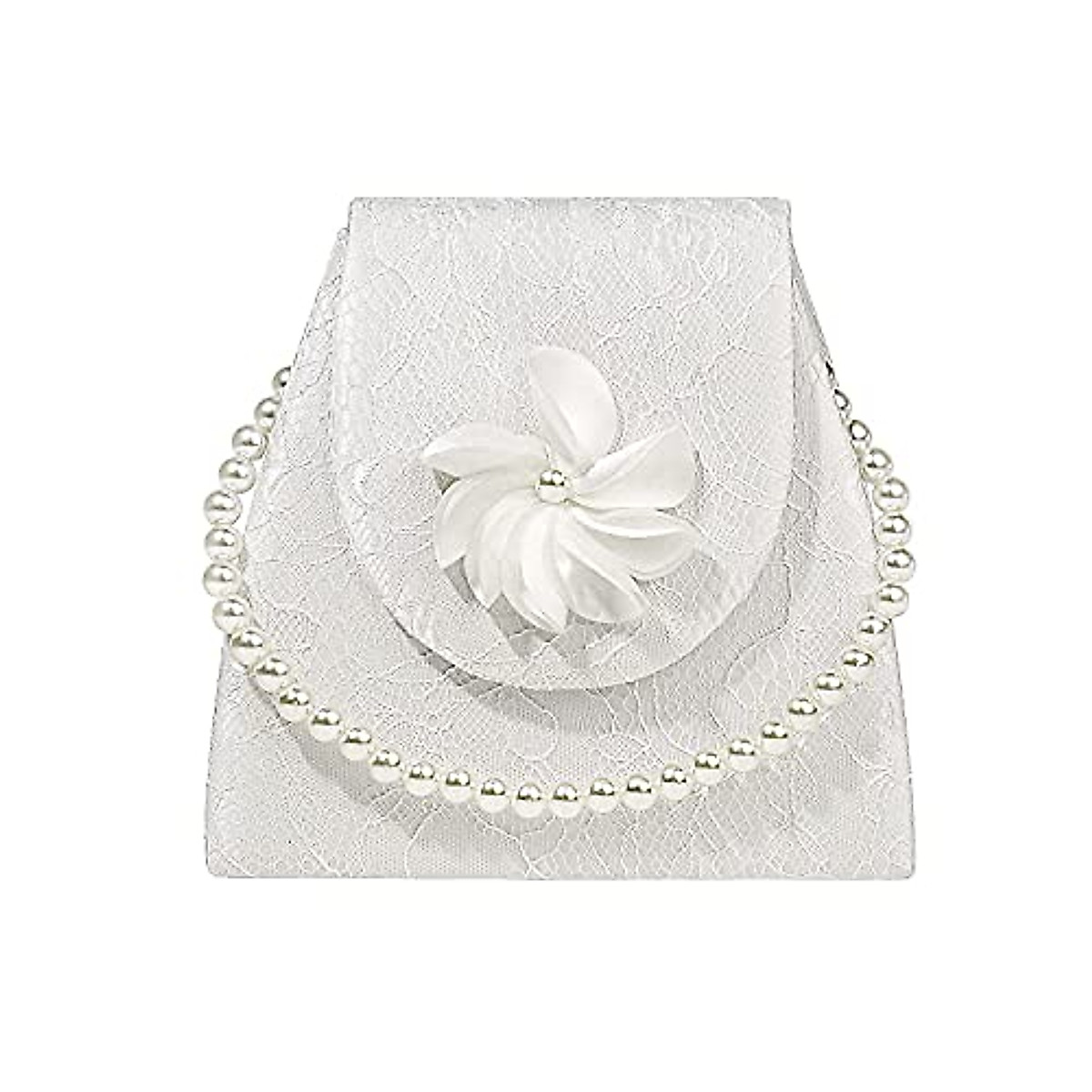 Mulian LilY Premium Floral Lace Satin Pearl Top Handle Clutch Handbag With Detachable Chain flower wedding Bridal Bag White M029