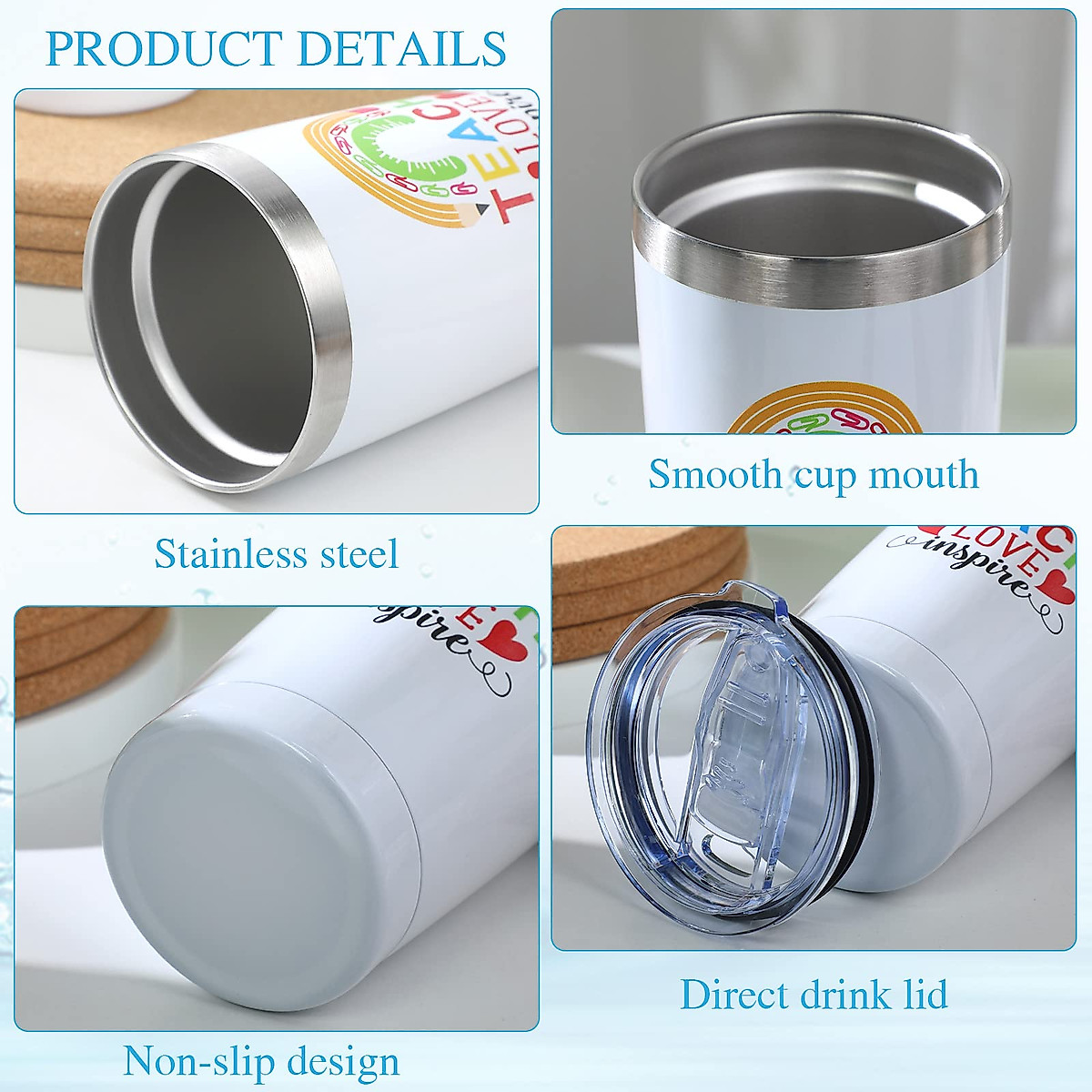 Rtteri 4 Pieces Teacher Appreciation Gifts Teacher Tumbler Bulk 20 oz Teacher Stainless Steel Tumbler Cup with Lids and Straws Brushes Thank You Tumbler Mug for Graduation Teacher Birthday Gifts