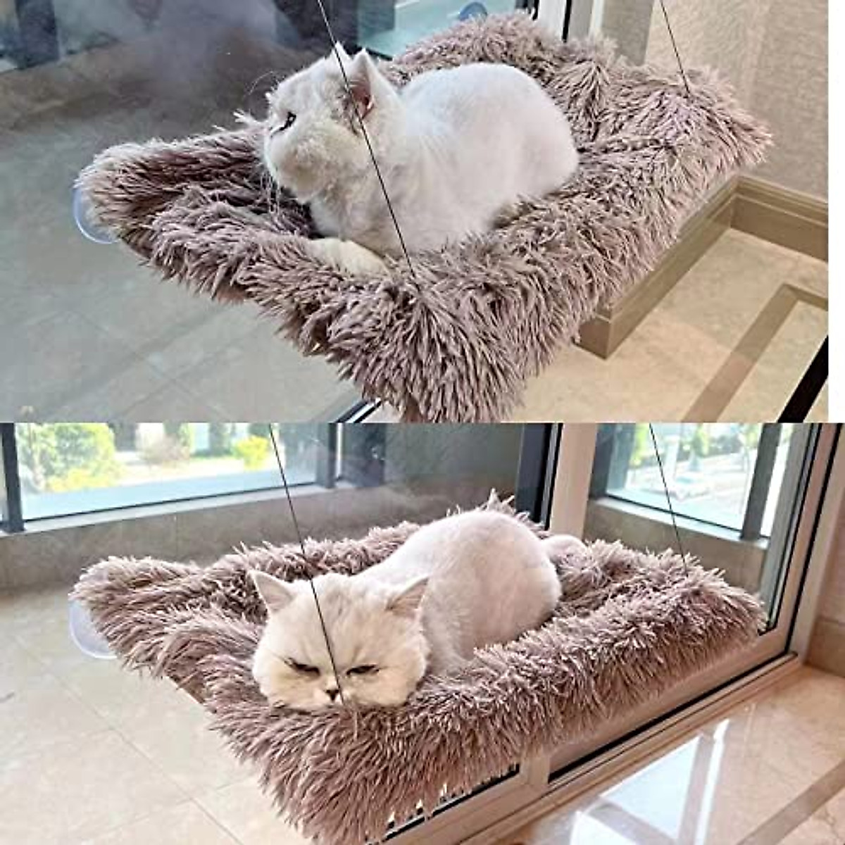 HlinZoom Cat Window Hammock, Cat Window Perch with Fluffy Blanket, Easy to Assemble Cats Window Resting Seat for Sunbathe Indoor