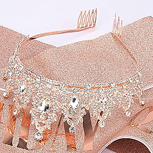 Birthday Queen Sash & Crystal Tiara Kit, Didder Rhinestones Crown Glitter Birthday Sash Birthday Crowns for Women Girls Birthday Tiaras for Women Hair Accessories for Prom Party Gift (Rose Gold)
