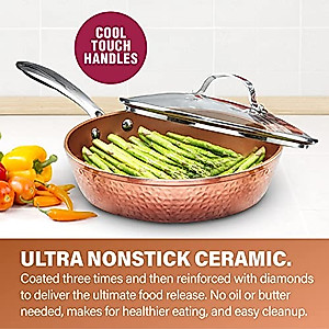 Gotham Steel 12” Nonstick Fry Pan with Lid – Hammered Copper Collection, Premium Aluminum Cookware with Stainless Steel Handles, Induction Plate for Even Heating, Dishwasher & Oven Safe