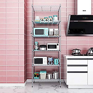 Devo 6-Tier Wire Shelving Unit, Adjustable Metal Shelving for Storage, Heavy Duty Wire Storage Racks with Side Hooks, Pantry Shelves for Garage, Kitchen, Living Room, Bathroom (Upgrade Silver)