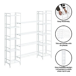 Convenience Concepts Xtra Storage Shelves - 5 Tier Folding Metal Shelving with Set of 4 Deluxe Extension Shelves - Modern Shelves for Storage and Display in Living Room, Bathroom, Office, White