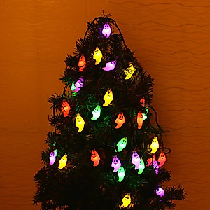 DINOWIN Halloween Ghosts Lights, Solar Ghost String 16ft 20 LED Ghost Fairy String Lights Waterproof for Home Indoor Garden Lawn Patio Trees Weddings (Multicolor)