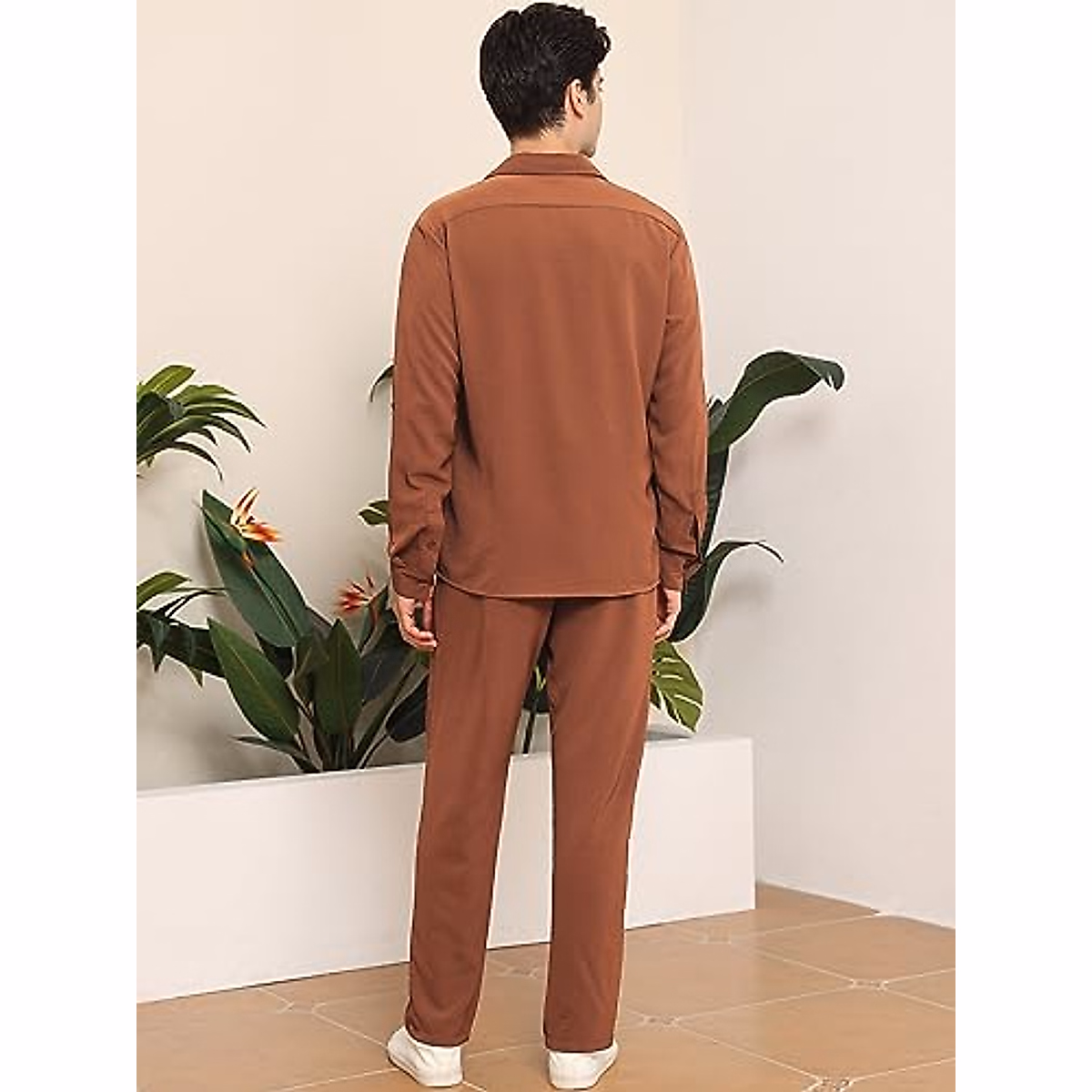 HANXMEN Men 2 Piece Linen Set Long Sleeve Button Down Cuban Shirt Casual Loose Pants Beach Vacation Outfits With Pocket,Brown,L