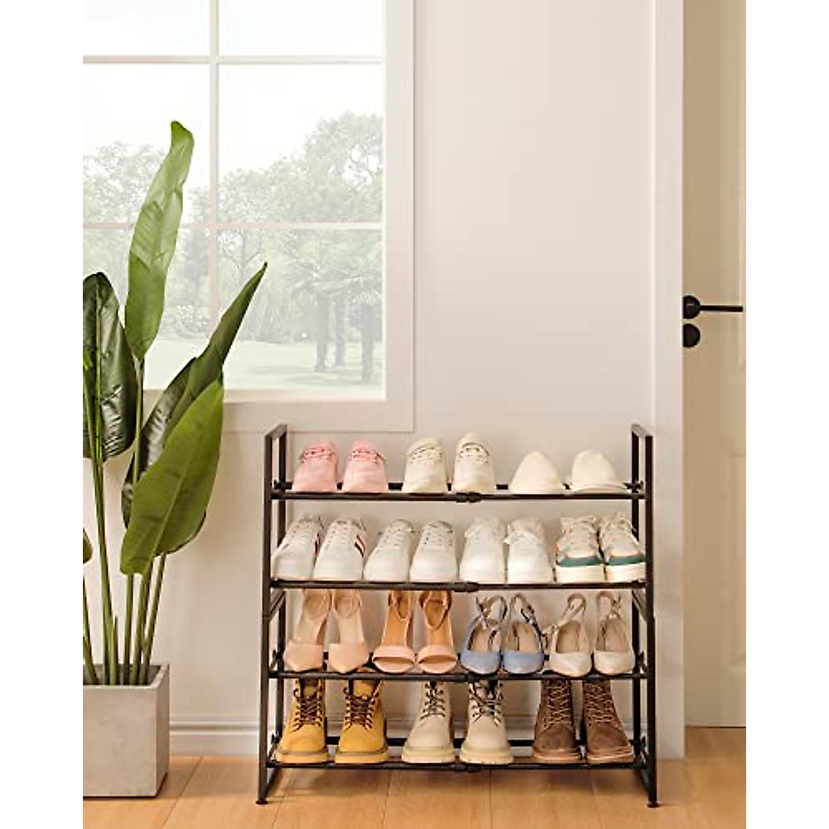 Hzuaneri 2-Tier Expandable Shoe Rack, Adjustable Shoe Storage Organizer, Heavy Duty Metal Shoe Stand, Free Standing Shoe Shelf for Entryway Closet Doorway, Portable and Space Saver, Black