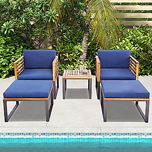 Tangkula 5 Piece Patio Chair Set, Acacia Wood Chair Set w/Ottomans & Coffee Table, Soft Seat & Back Cushions, Outdoor Wood Furniture Set for Backyard, Poolside, Garden