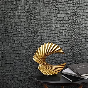 Zeeko 17.3 X 394 Crocodile Textured Wallpaper Black Peel and Stick Wallpaper - Easy Install & Removable Contact Paper for Cabinet, Bedroom & More