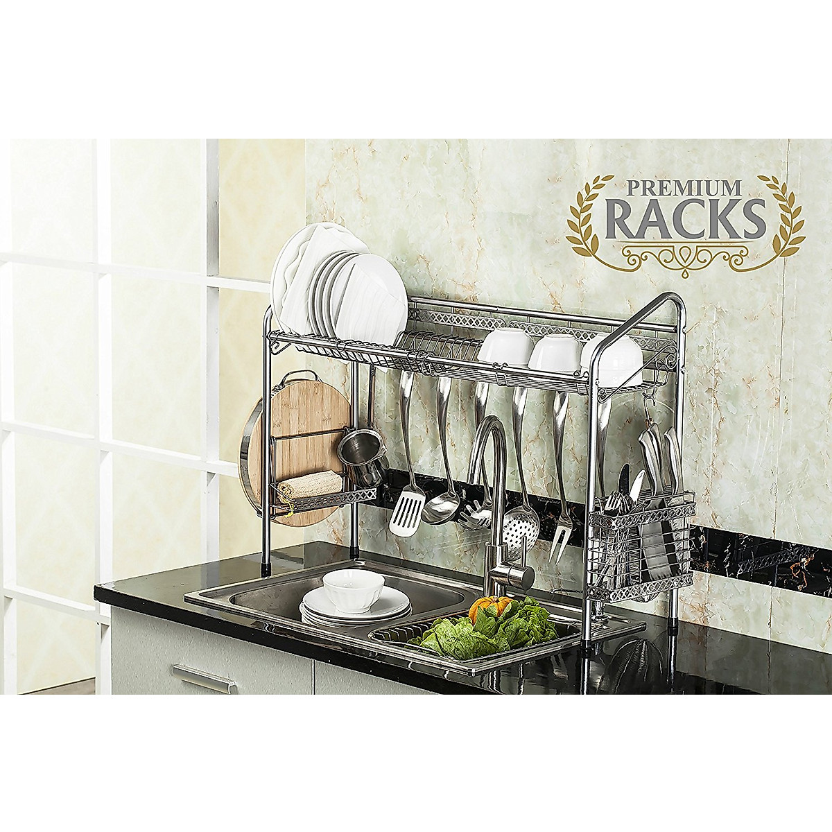 Premium Racks Professional Over The Sink Dish Rack - Fully Customizable - Multipurpose - Large Capacity (Chromium Steel)