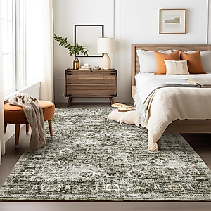 CAREMEE Washable Rug 5x7 Area Rugs for Living Room Bedroom, Vintage Non-Slip Print Distressed Thin Throw Rugs with Rubber Stain Resistant Low Pile Carpet for Kitchen Dining Room Foyer, Gray/Camel