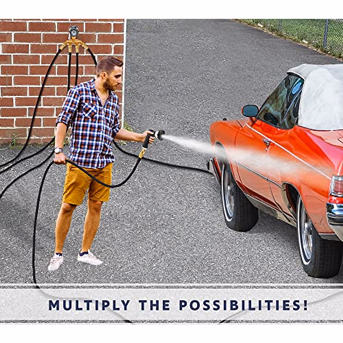 Morvat Heavy Duty Brass 4 Way Splitter, Garden Hose Manifold Connector with Comfort Grip ON/OFF Valves, Adapter for Water Faucet & Spigot, Includes 8 Extra Washers, Roll of Teflon Tape & Mounting Kit