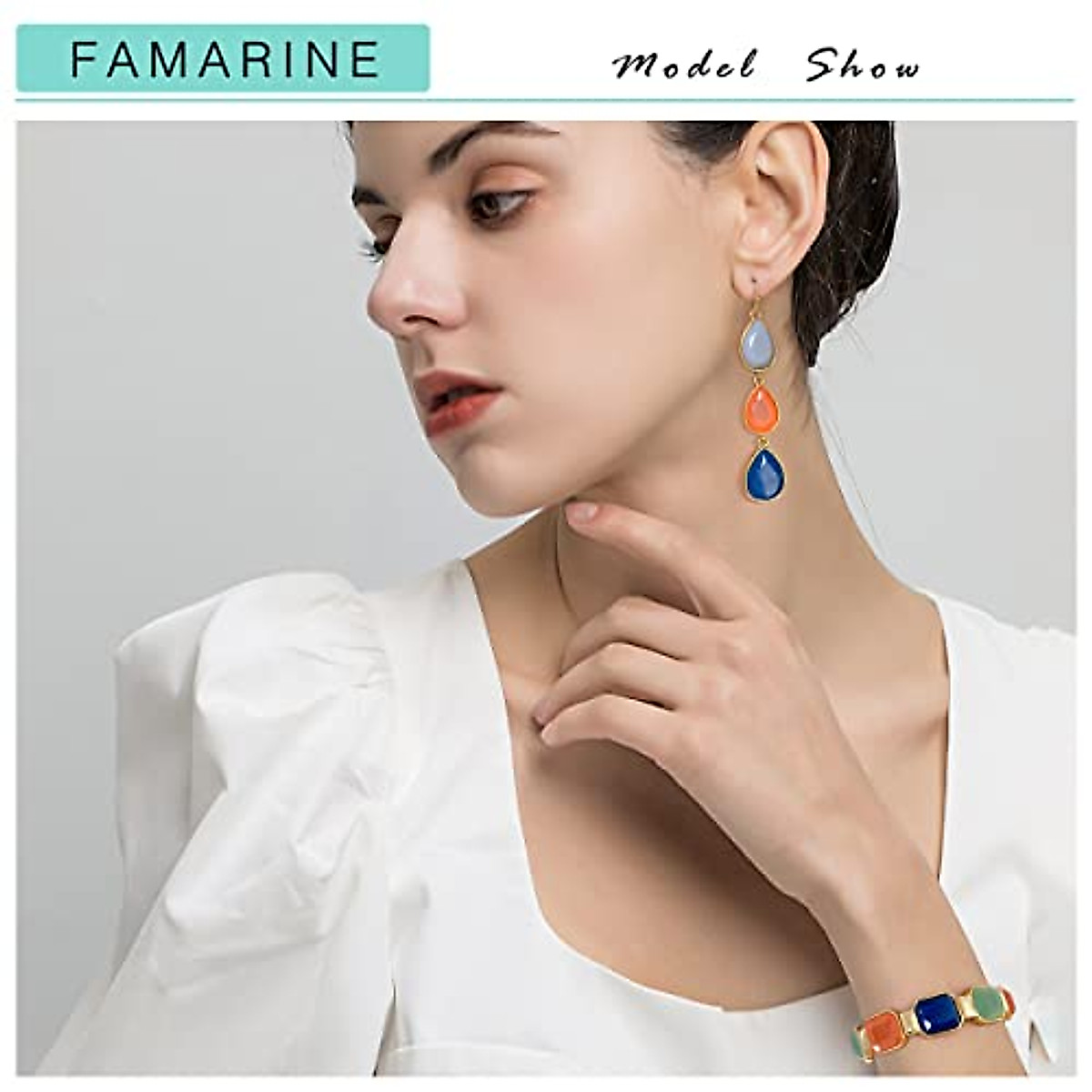 FAMARINE Multicolor Dangle Drop Earrings Bracelet Necklace for Girls Women, Red Blue