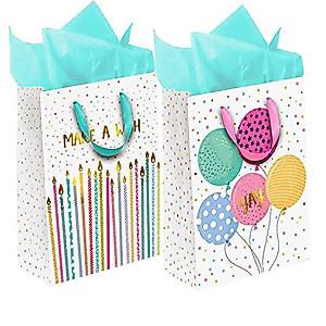 YE GIVING Happy Birthday Gift Bags With Tissue, Large Size 12"x16"x6.5" 2 Pack. 2 Designs. Includes Tissue Paper And Tags.…