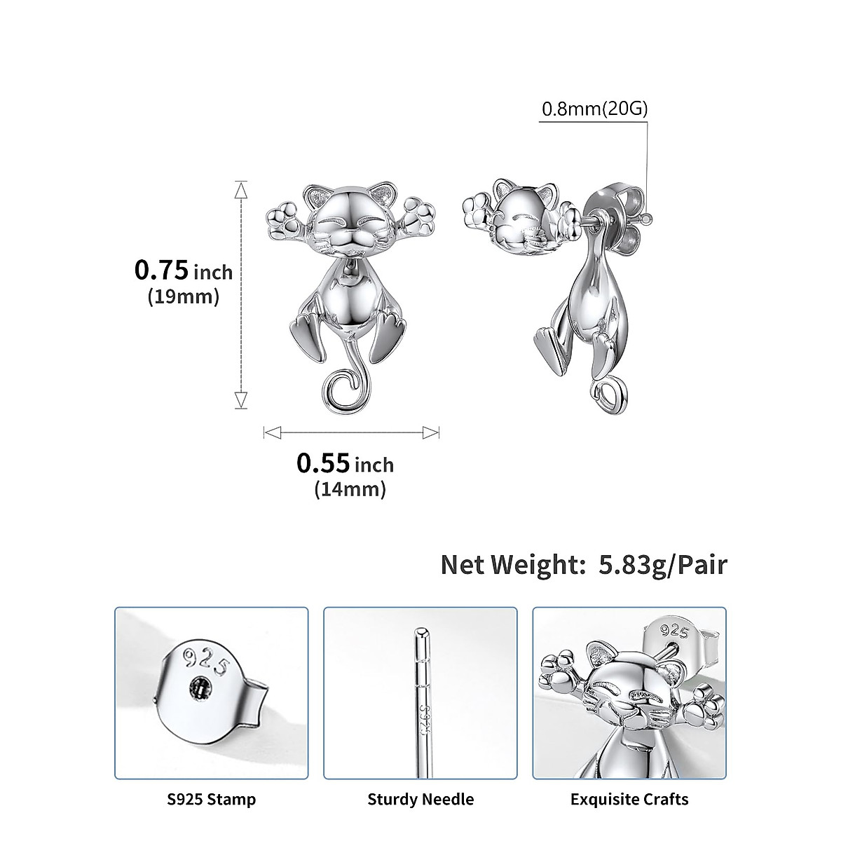 925 Silver Cute Cat Earrings Stud Solid Sterling Jewelry " Kiss me Hug Me" 3D Kitten Ear Jacket Earring for Women Teen Girls