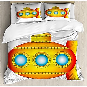 Ambesonne Yellow Submarine Duvet Cover Sets, Sea Theme a Submarine on The White Background Illustration Print, Bedding Set with 2 Duvet Covers & 4 Pillowcases, 2 Pack King Size, Orange and Yellow