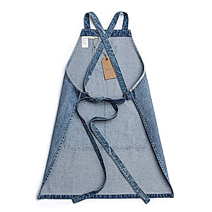 Jeanerlor - Cotton Denim Apron with Convenient Pockets for Women - Jean Apron for Hairstylist Artisan and Barista Cross Straps Adjustable S to L (Denim Blue)