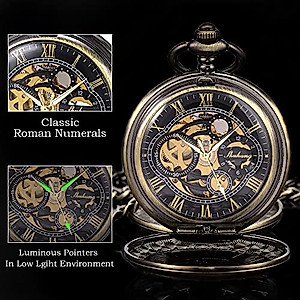 SIBOSUN Pocket Watch Skeleton Mechanical Double Case Hand-Wind Bronze Roman Numerals Antique Chain Mens