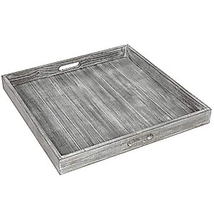 MyGift 19-inch Large Square Rustic Whitewashed Gray Wood Ottoman Tray with Cutout Handles