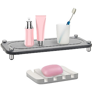 Coldairsoap Instant Dry Sink Organizer, kitchen Bathroom Sink Fast Drying Stone, Water Absorbing Stone Tray For Sink With 1Pcs Soap Rack(Grey)