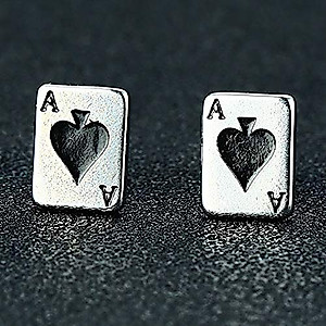 Stainless Steel Ace Spade Gambling Casino Biker Cockail Party Stud Earrings (Silver)