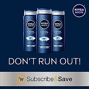 Nivea Men Cool Body Wash with Icy Menthol, Scented Body Wash for Men, Free of Parabens, Phthalates and Microplastic Particles, 3 Pack of 16.9 Fl Oz Bottles