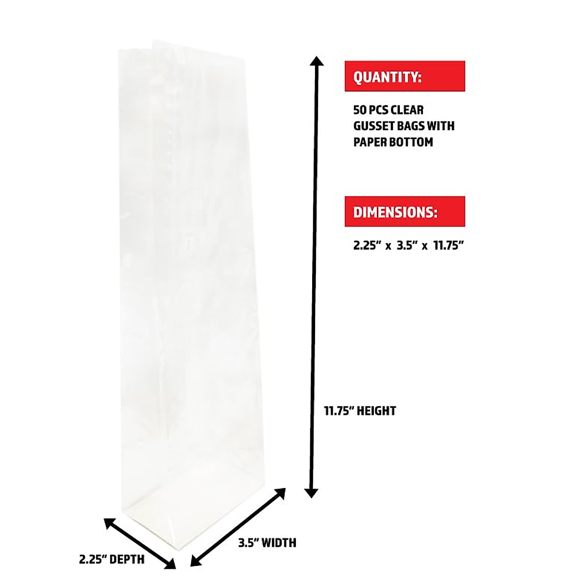 Fenton Gusseted Flat Bottom Cellophane BOPP Bags with Paper Insert, 50Pcs 3.5x2.25x12 Inches Cellophane Bags Gusseted, Transparent, 61PBGF