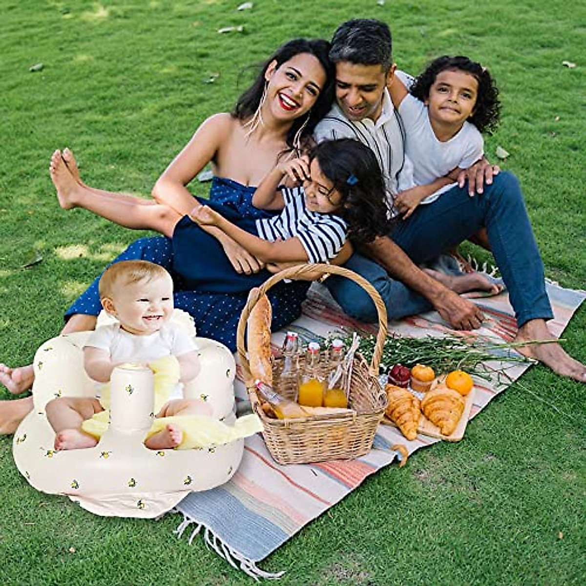 Swity Home Baby Inflatable Seat for 3-36 Months, Built in Air Pump Infant Back Support Sofa, Protect Spine, Safe Toddler Feeding/Shower Chair for Learning to Sit Up (Olive Flowers, Off-White)