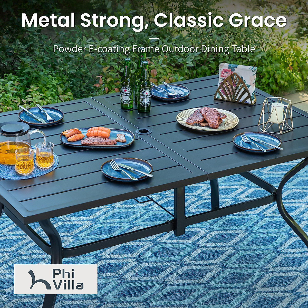 PHI VILLA 7-Piece Metal Patio Outdoor Table and Chairs Outdoor Dining Set - 60" Patio Table with Umbrella Hole and 6 Backyard Garden Chairs, Black