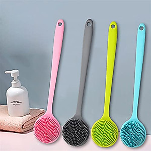 INGVY Dry Brushing Body Brush Double-Sided Long Handle Bath Washing Brush Silicone Bathing Massage Back Body Exfoliating Bathroom Shower Accessories (Color : Blue)