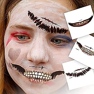 12Pcs Halloween Face Tattoos,Halloween Prank Makeup Temporary Tattoo,Adults Kids Clown Horror Mouth Fake Tattoo Stickers,Face Decals Prank Props for Halloween Cosplay Part