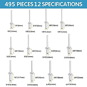 495Pcs Pop Rivets Assortment Kit，Pop Rivets Blind Rivets for Metal Assortment Kit 12 Values