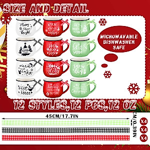 Suttmin 12 Pcs Ceramic Christmas Mugs Set 12 Oz Christmas Coffee Mugs with Ribbon Christmas Cups for Tea and Coffee Xmas Holiday Gift Tiered Tray Decor for Hot Cocoa Kitchen Table, Red, Green, White