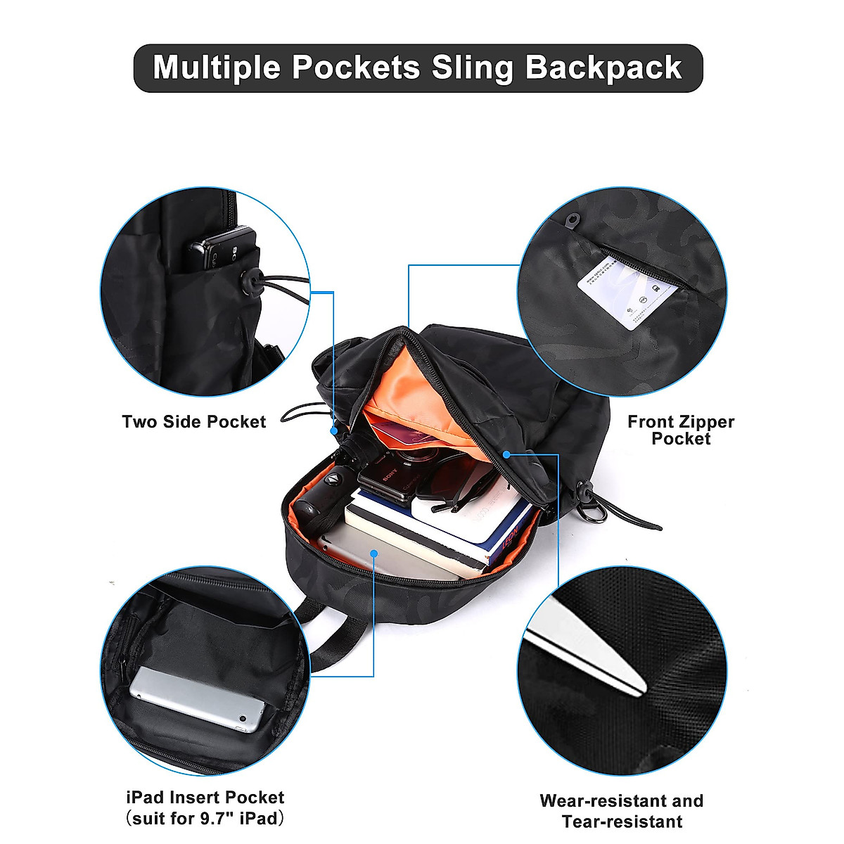 Small Black Sling Crossbody Backpack Shoulder Bag for Men Women, Lightweight One Strap Chest Backpack Sling Bag Backpack for Hiking Walking Biking Travel Cycling USB Charger Port Nylon Camouflage