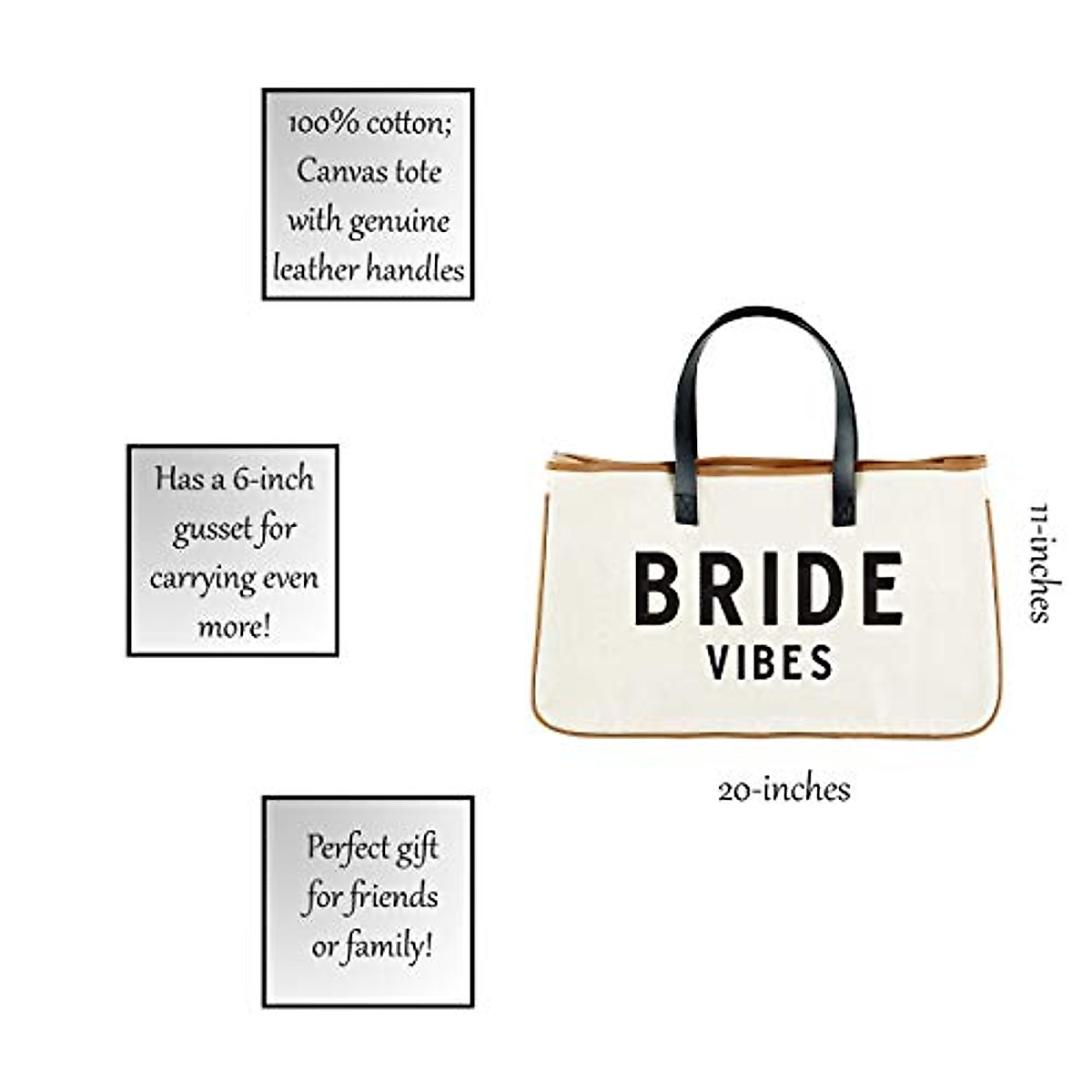 Santa Barbara Design Studio Tote Bag Wedding Collection Black and White 100% Cotton Canvas with Genuine Leather Handles, Large, Bride Vibes