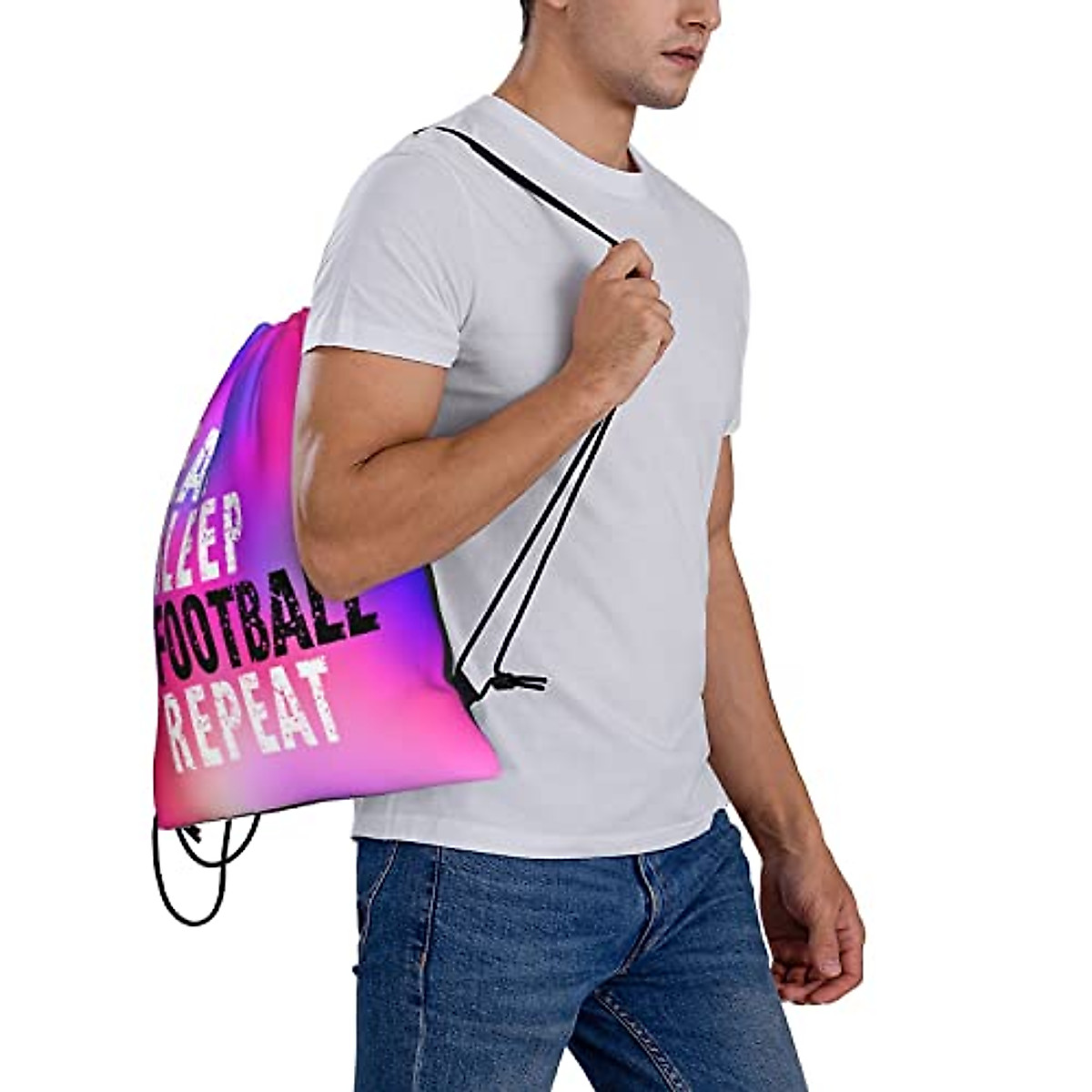 ISTYTOP Eat Sleep Football Repeat Drawstrings Bags Backpack Pink Waterproof Light Durable Gym Sports Yoga Beach Sackpack Party Favor Bags