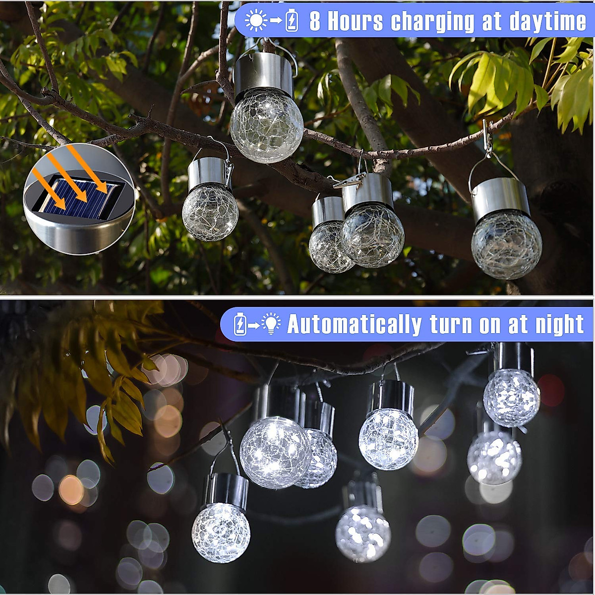 10-Pack Hanging Solar Lights Outdoor, Solar Powered Cracked Glass Ball Light, Decorative Globe Lighting Outdoor Waterproof with Handle for Garden, Tree, Holiday Decoration, Cool White