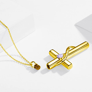 SOULMEET Crystal Cross Necklace for Ashes, Gold Plated Silver I Love You Forever Birthstone June Cross Urn Necklaces for Ashes Keepsake Cremation Jewelry for Pet Human Ashes