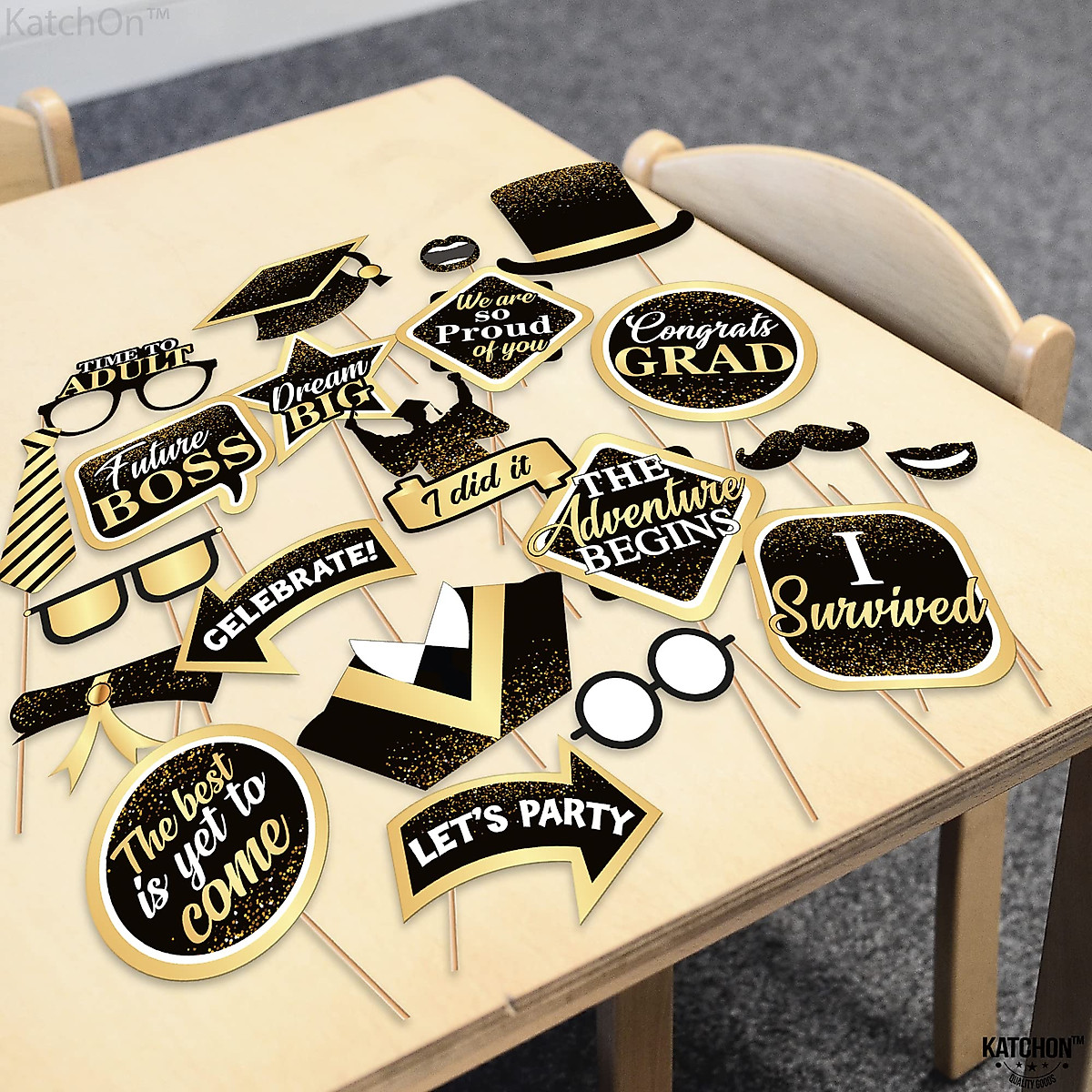 KatchOn, Black Graduation Photo Booth Props 2024 - Pack of 33 | Grad Photo Props, Black and Gold Graduation Photo Props | Graduation Props for Photoshoot 2024, Graduation Decorations Class of 2024