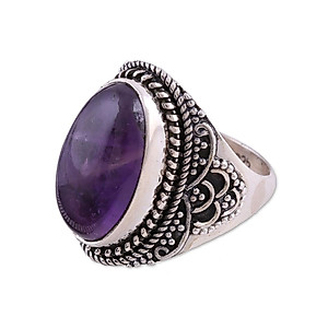 NOVICA Artisan Handmade Amethyst Cocktail Ring Sterling Silver from India Purple Birthstone [crownbezel 0.9 in L x 0.7 in W x 0.3 in H Band Width 3 mm W] ' Twilight Cascade'