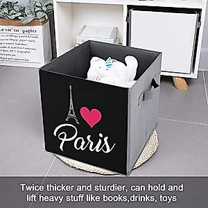 I Love Paris Foldable Storage Bins Printd Fabric Cube Baskets Boxes with Handles for Clothes Toys, 11x11x11